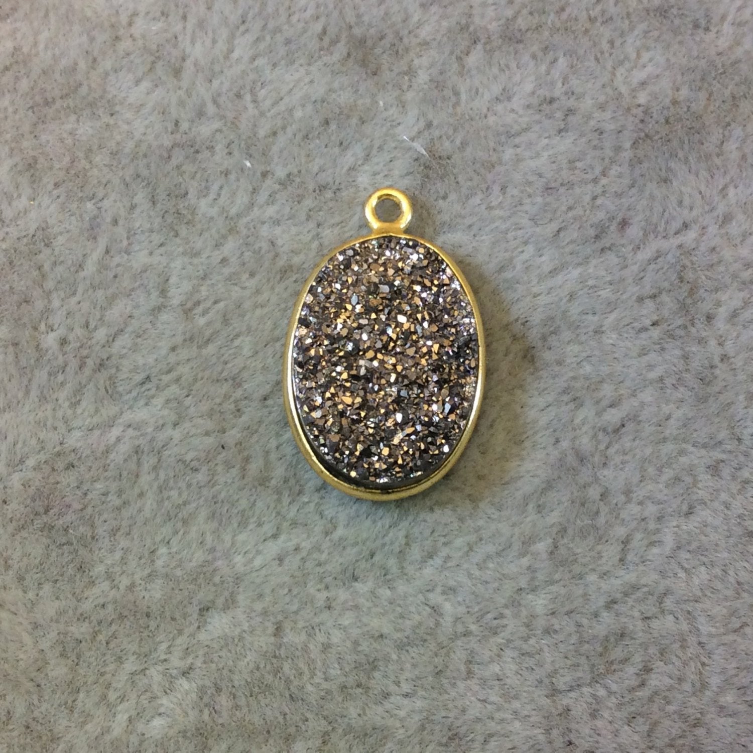 Gold Finish Metallic Silver Vertical Oval Shaped Natural Druzy Agate B ...